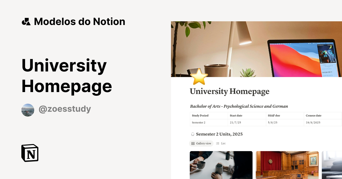 University Homepage Modelo por Zoe | Marketplace do Notion
