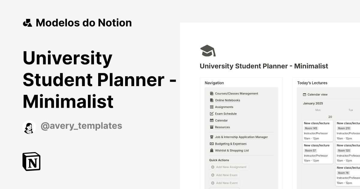 Modelo University Student Planner - Minimalist | Marketplace do Notion