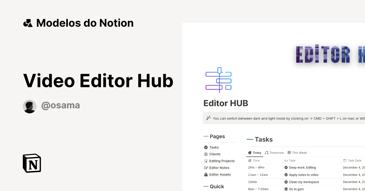 Video Editor Hub Modelo por OlsNotion | Marketplace do Notion