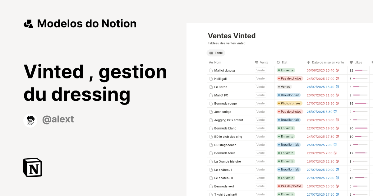 Modelo Vinted , gestion du dressing | Marketplace do Notion