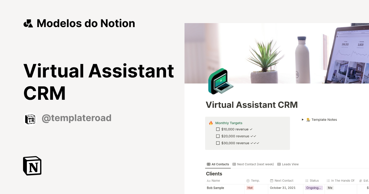 Virtual Assistant CRM Modelo por Template Road | Marketplace do Notion
