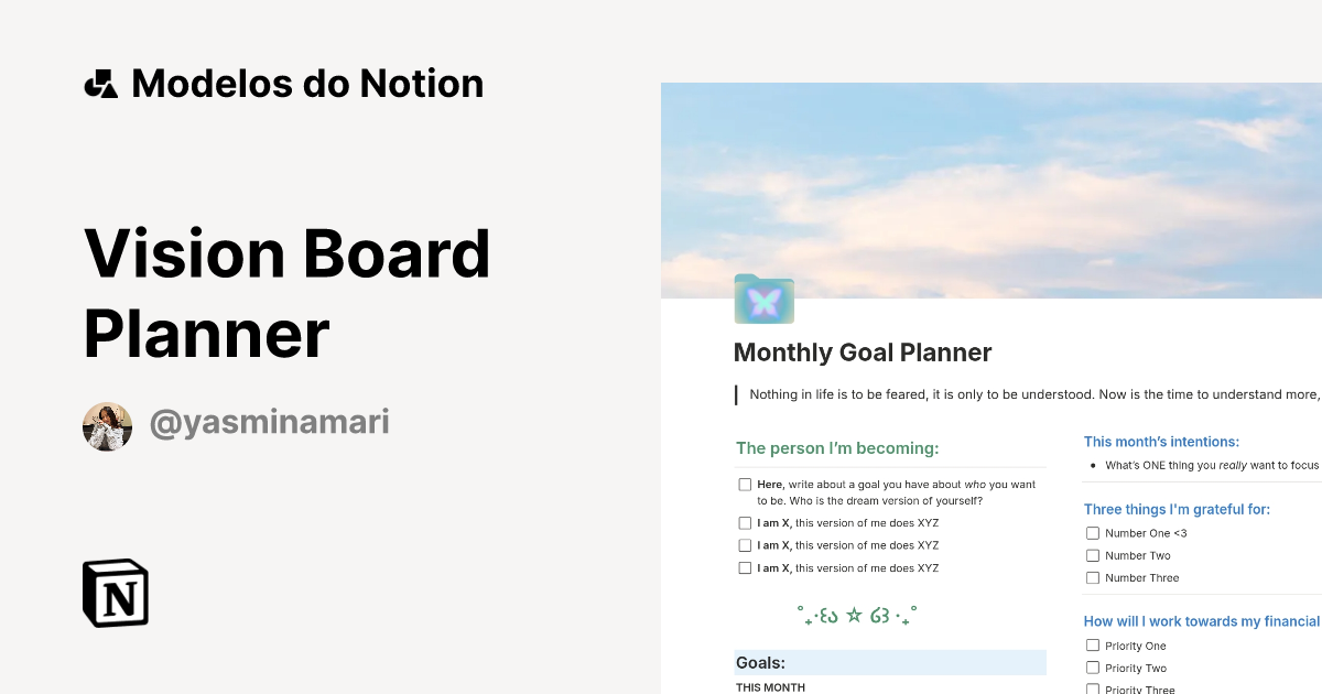 Vision Board Planner Modelo por Yasmin Zerouali-Amari | Marketplace do Notion