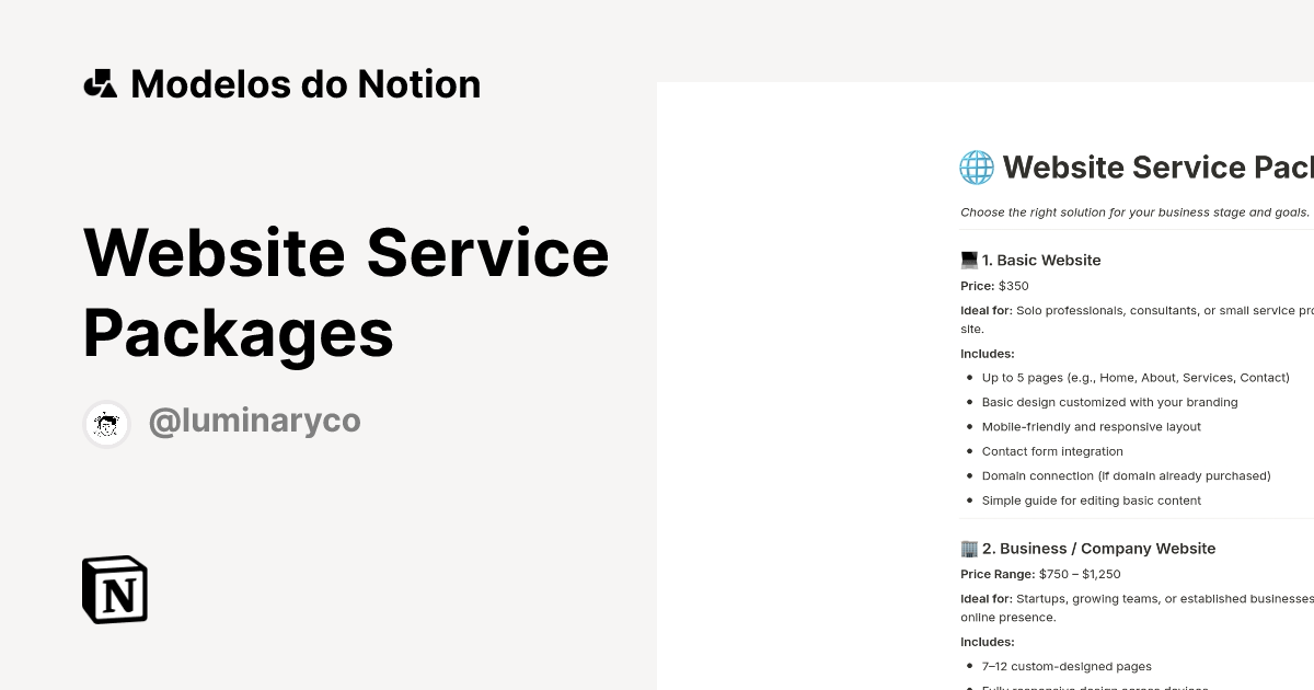 Website Service Packages Modelo por LuminaryCo. | Marketplace do Notion