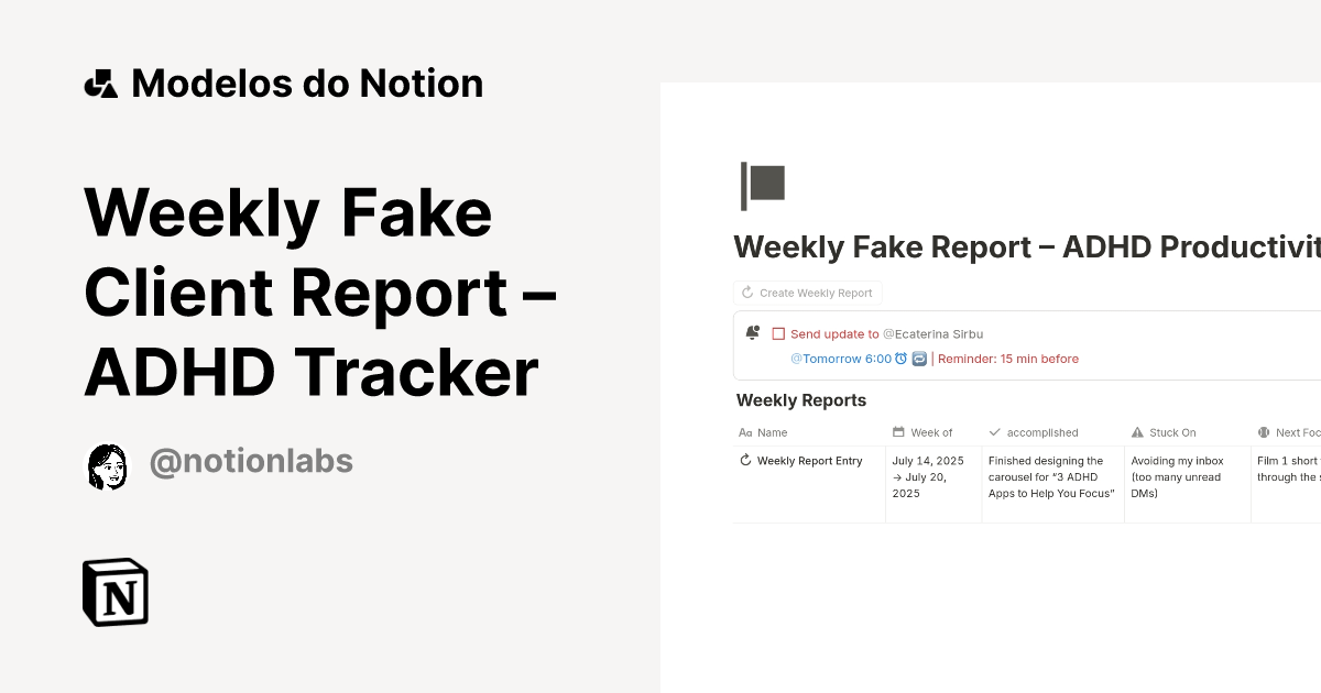 Weekly Fake Client Report – ADHD Tracker Modelo por Smart Notion | Marketplace do Notion