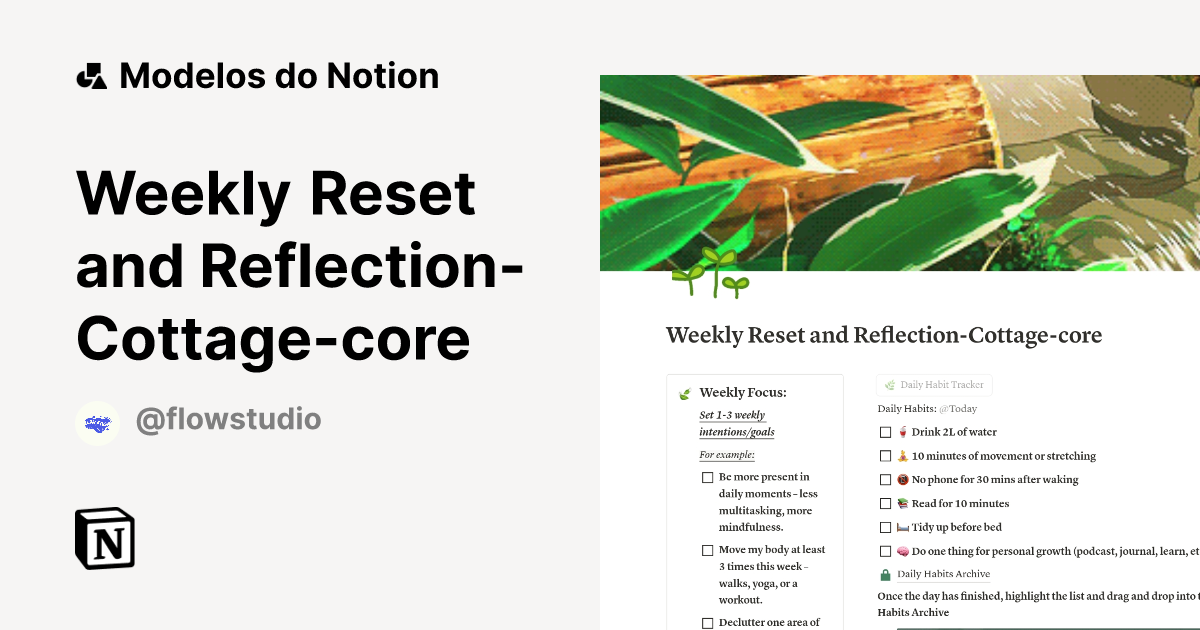 Modelo Weekly Reset and Reflection-Cottage-core | Marketplace do Notion