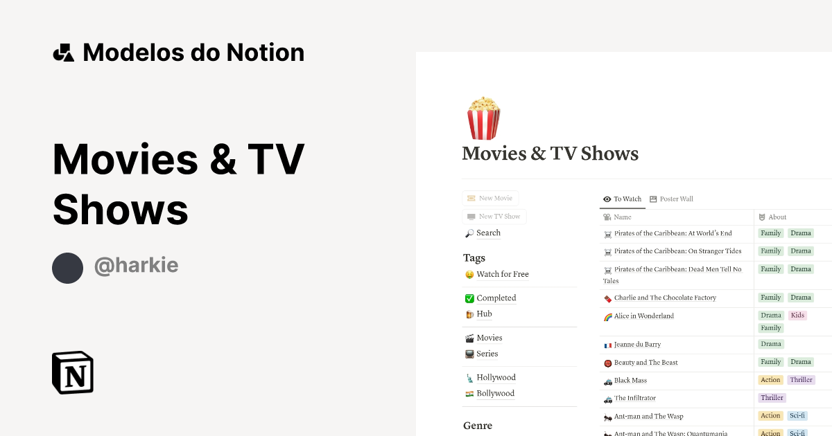 Movies & TV Shows Modelo por harkie | Marketplace do Notion