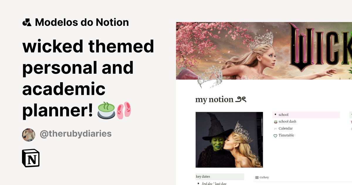 wicked themed personal and academic planner! 🍵🩰 Modelo por Ruby | Marketplace do Notion
