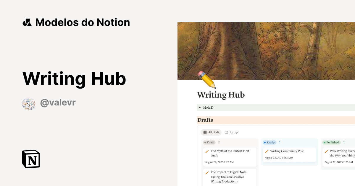 Writing Hub Modelo por Valeria Vargas | Marketplace do Notion