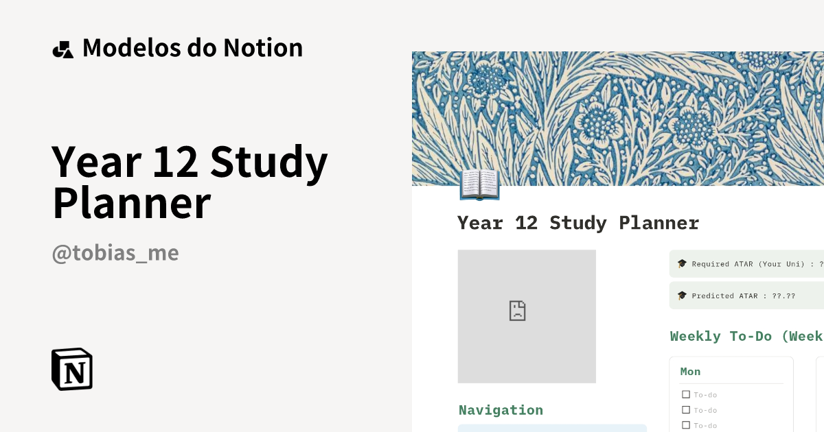 Year 12 Study Planner Modelo por Toby S | Marketplace do Notion