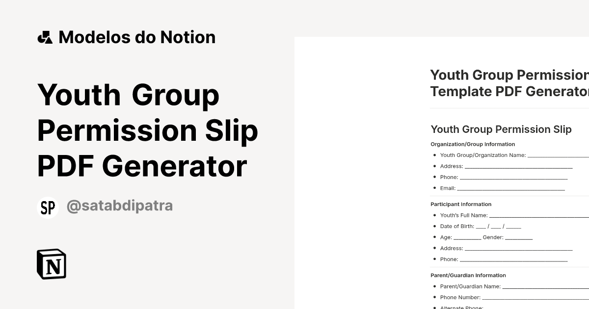 Modelo Youth Group Permission Slip PDF Generator | Marketplace do Notion