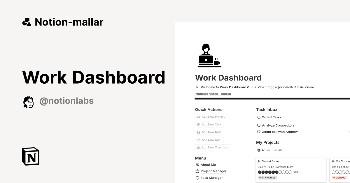 Work Dashboard -mall | Marknadsplats för Notion
