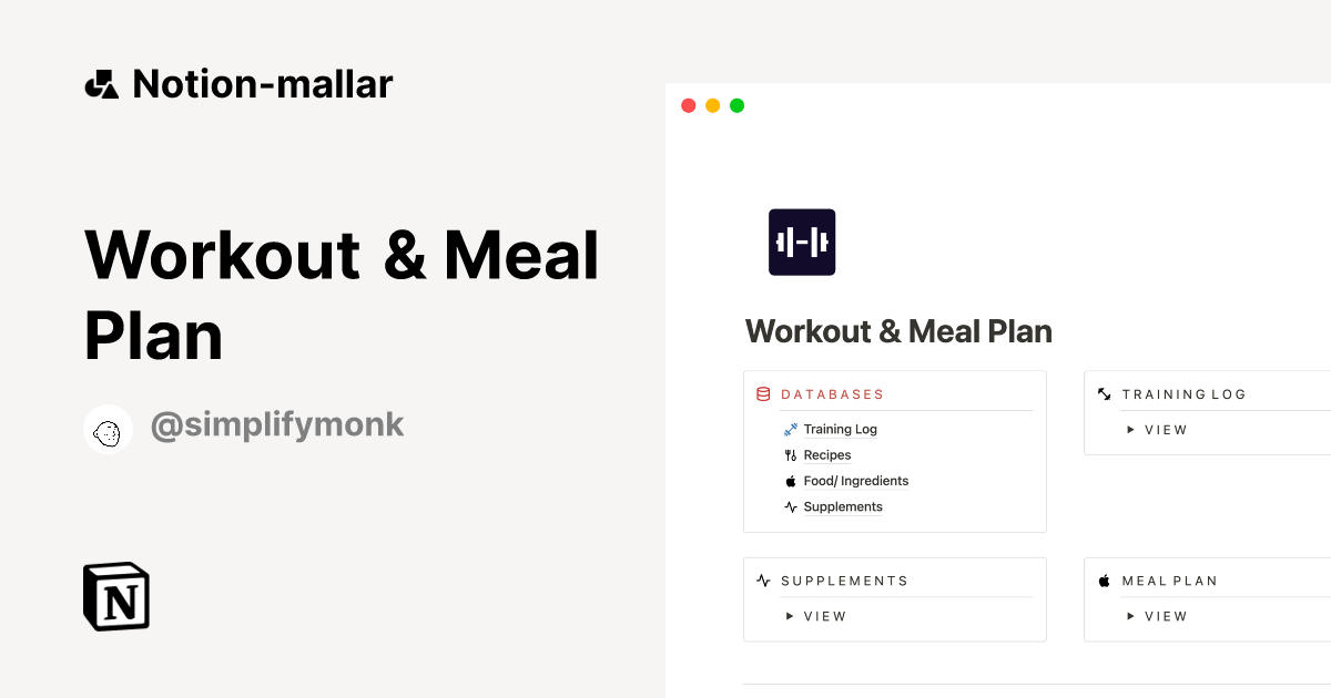 Workout & Meal Plan Mall efter Simplify Monk | Marknadsplats för Notion