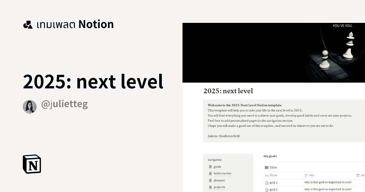 เทมเพลต 2025: next level โดย Juliette | มาร์เก็ตเพลส Notion