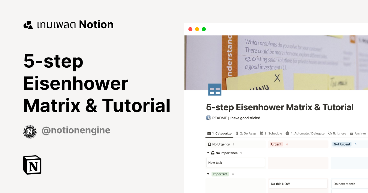 เทมเพลต 5-step Eisenhower Matrix & Tutorial | มาร์เก็ตเพลส Notion