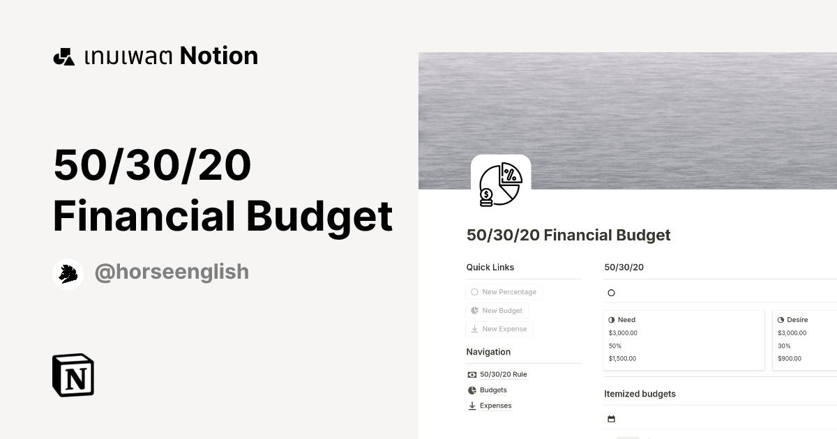 เทมเพลต 50/30/20 Financial Budget | มาร์เก็ตเพลส Notion