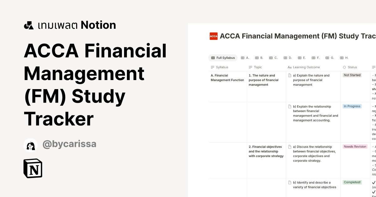 เทมเพลต ACCA Financial Management (FM) Study Tracker โดย Carissa ...