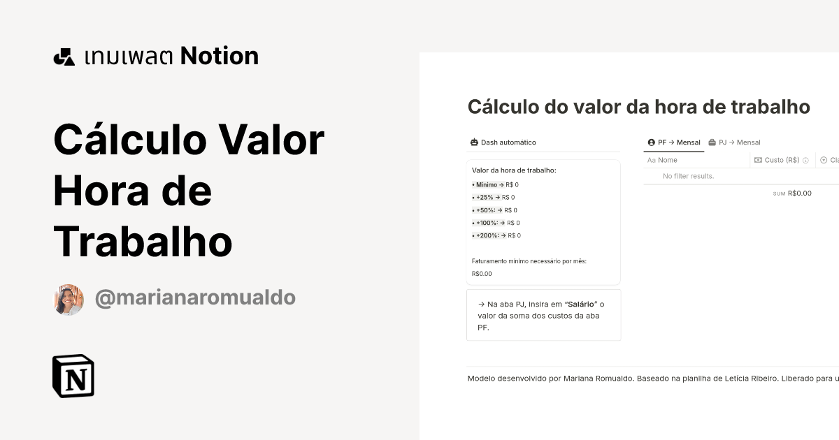 เทมเพลต Cálculo Valor Hora de Trabalho โดย Mariana Romualdo | มาร์เก็ต ...
