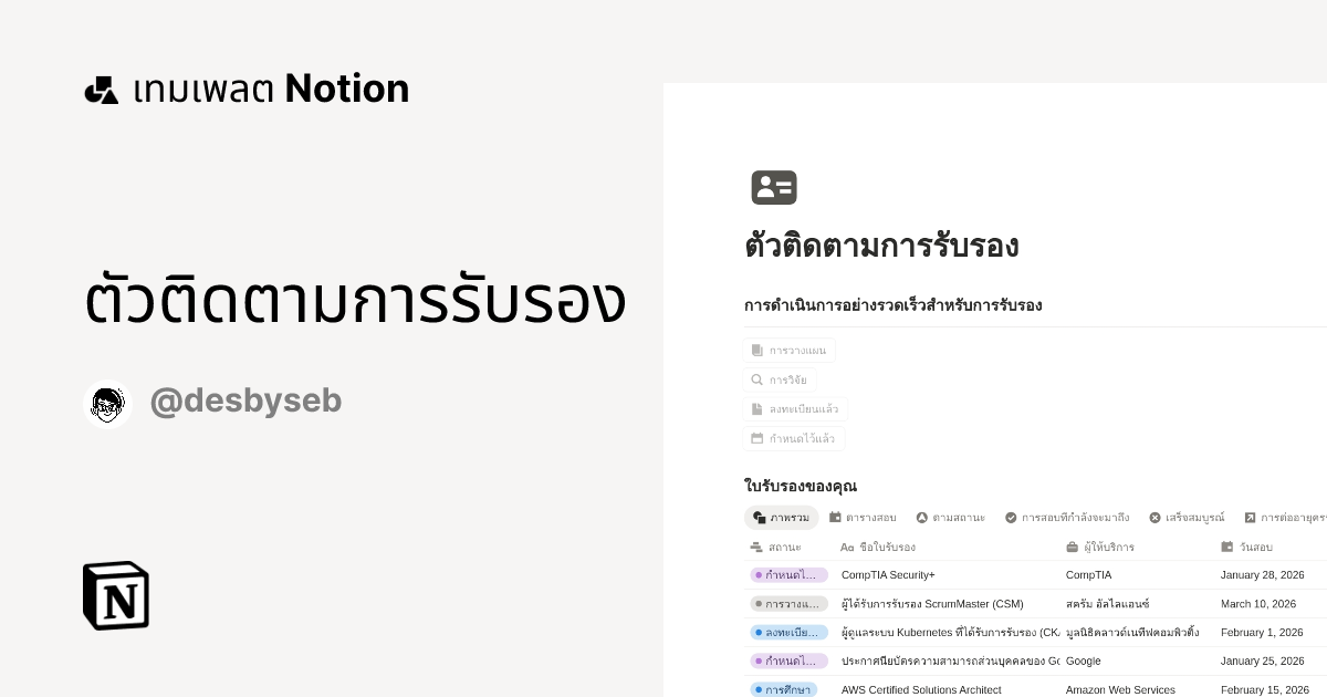 เทมเพลต ตัวติดตามการรับรอง | มาร์เก็ตเพลส Notion
