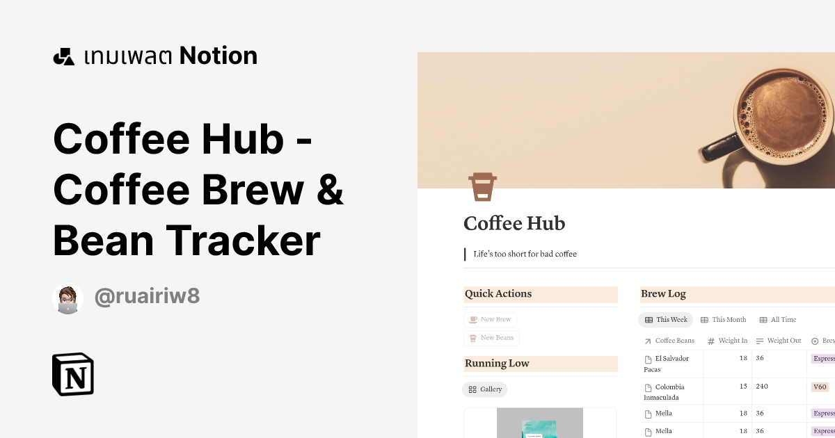 เทมเพลต Coffee Hub - Coffee Brew & Bean Tracker | มาร์เก็ตเพลส Notion