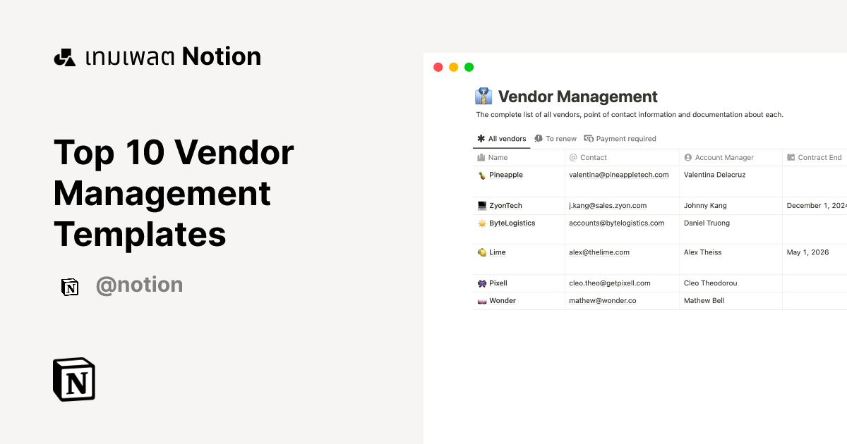 Top 10 Vendor Management Templates | มาร์เก็ตเพลสเทมเพลต Notion