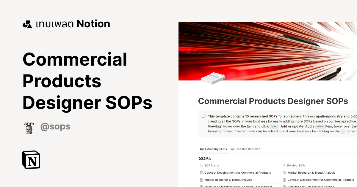 เทมเพลต Commercial Products Designer SOPs | มาร์เก็ตเพลส Notion