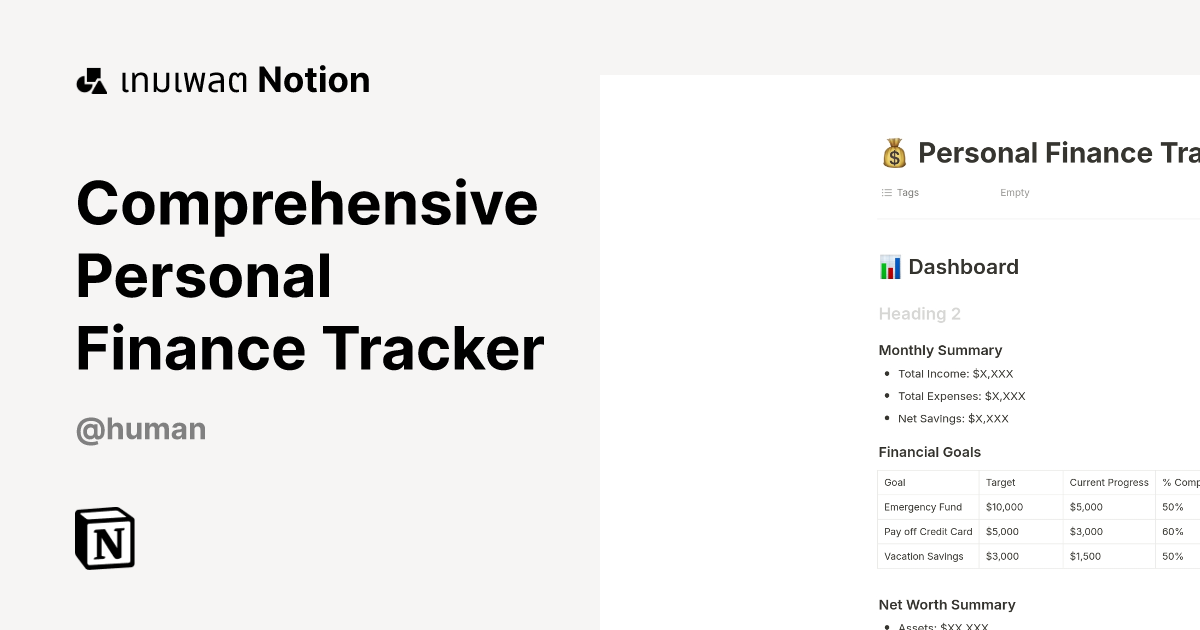เทมเพลต Comprehensive Personal Finance Tracker | มาร์เก็ตเพลส Notion