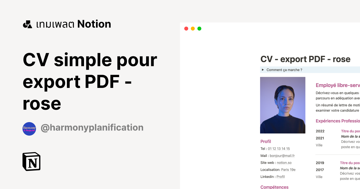 เทมเพลต CV simple pour export PDF - rose โดย Harmony & Planification | มาร์เก็ตเพลส Notion