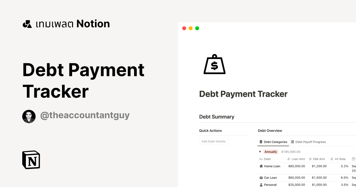 เทมเพลต Debt Payment Tracker | มาร์เก็ตเพลส Notion