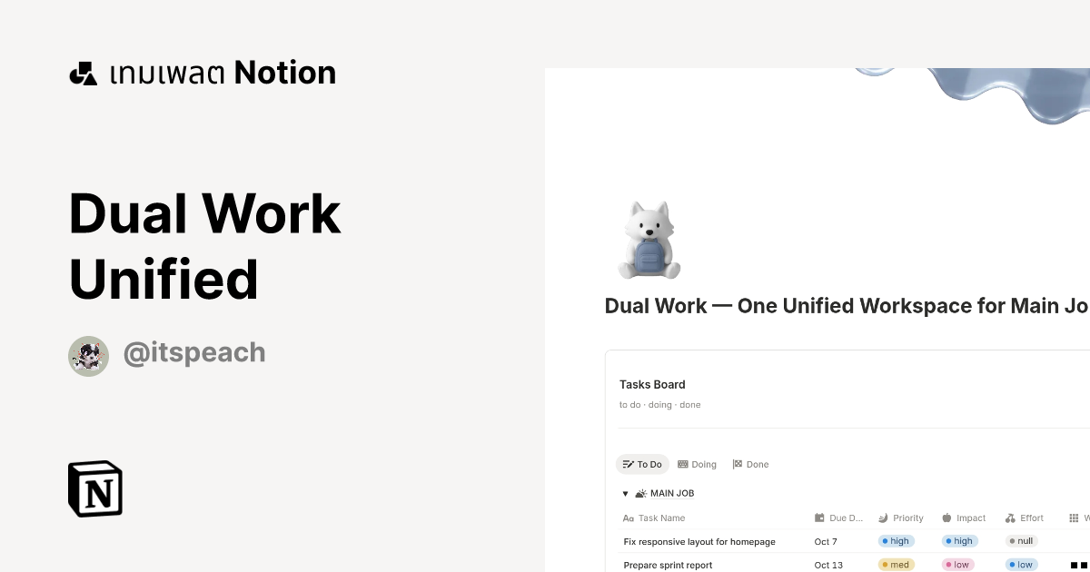เทมเพลต Dual Work Unified | มาร์เก็ตเพลส Notion