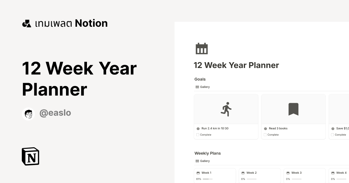 เทมเพลต 12 Week Year Planner | มาร์เก็ตเพลส Notion