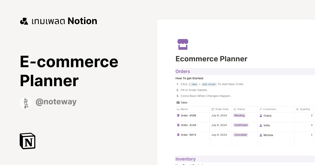 เทมเพลต E-commerce Planner โดย Noteway | มาร์เก็ตเพลส Notion