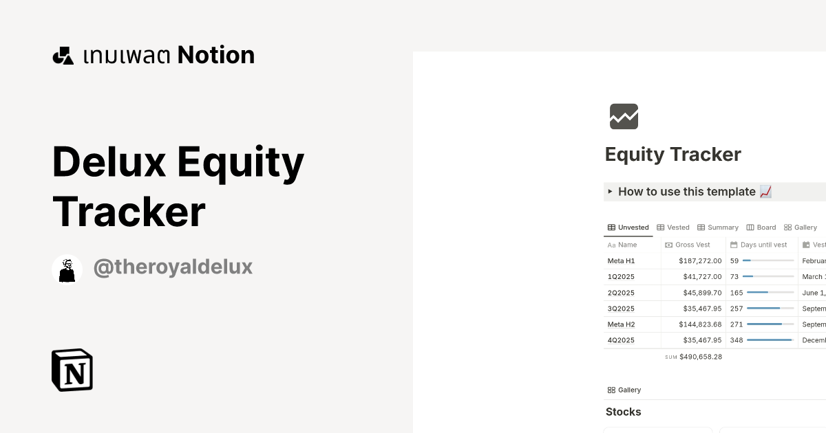 เทมเพลต Delux Equity Tracker | มาร์เก็ตเพลส Notion
