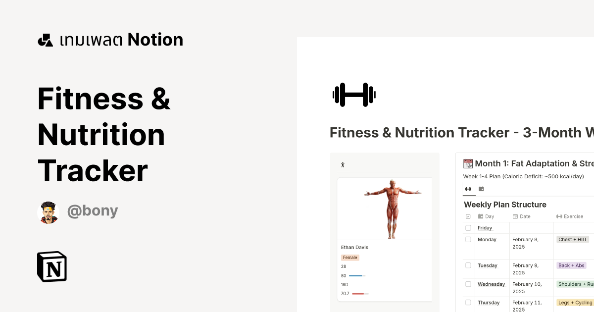 เทมเพลต Fitness & Nutrition Tracker โดย Bony | มาร์เก็ตเพลส Notion