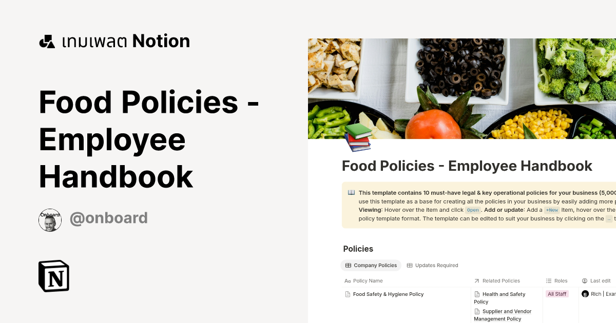 เทมเพลต Food Policies - Employee Handbook โดย Onboarding Checklists ...