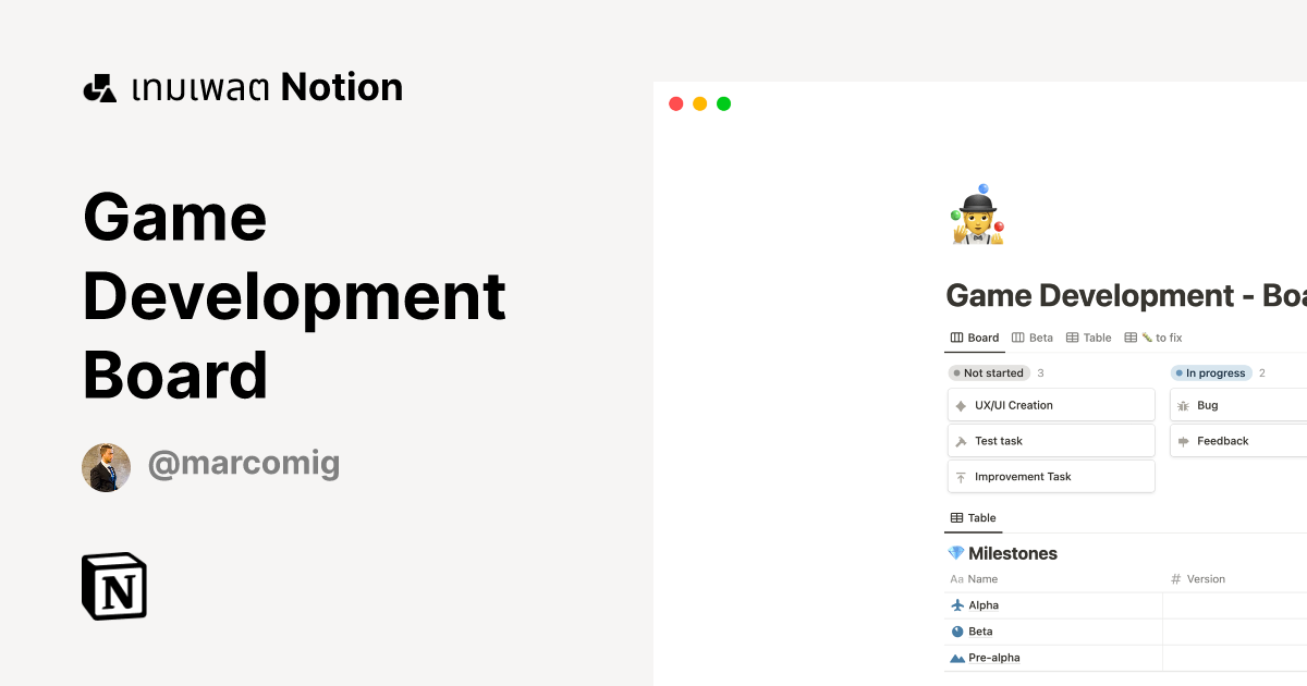 เทมเพลต Game Development Board | มาร์เก็ตเพลส Notion