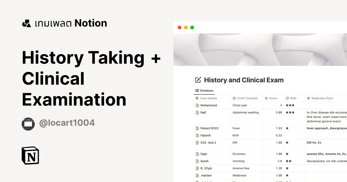 เทมเพลต History Taking + Clinical Examination | มาร์เก็ตเพลส Notion