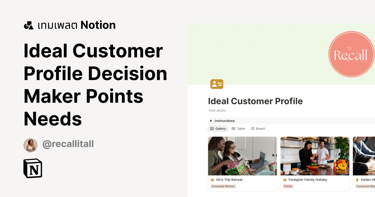 เทมเพลต Ideal Customer Profile Persona, Pain Points Needs โดย Recall It ...