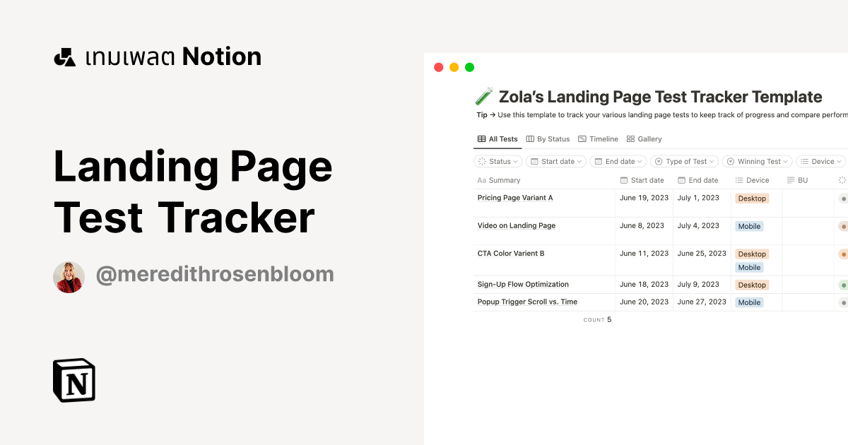 เทมเพลต Landing Page Test Tracker โดย Meredith Rosenbloom | มาร์เก็ต ...