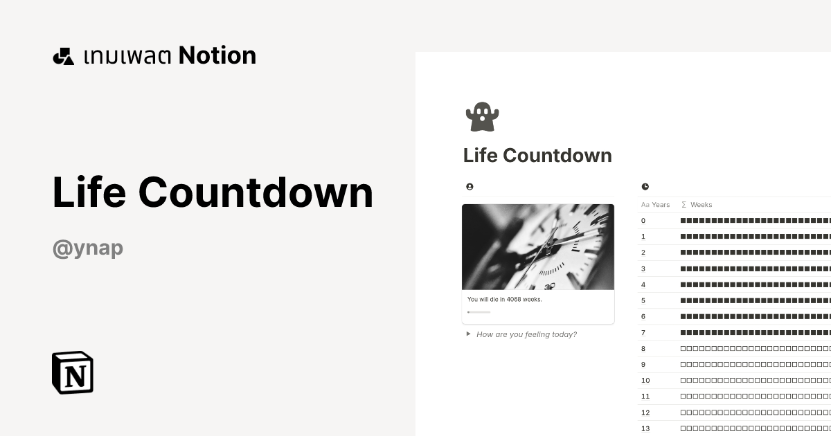 เทมเพลต Life Countdown โดย YNAP | มาร์เก็ตเพลส Notion