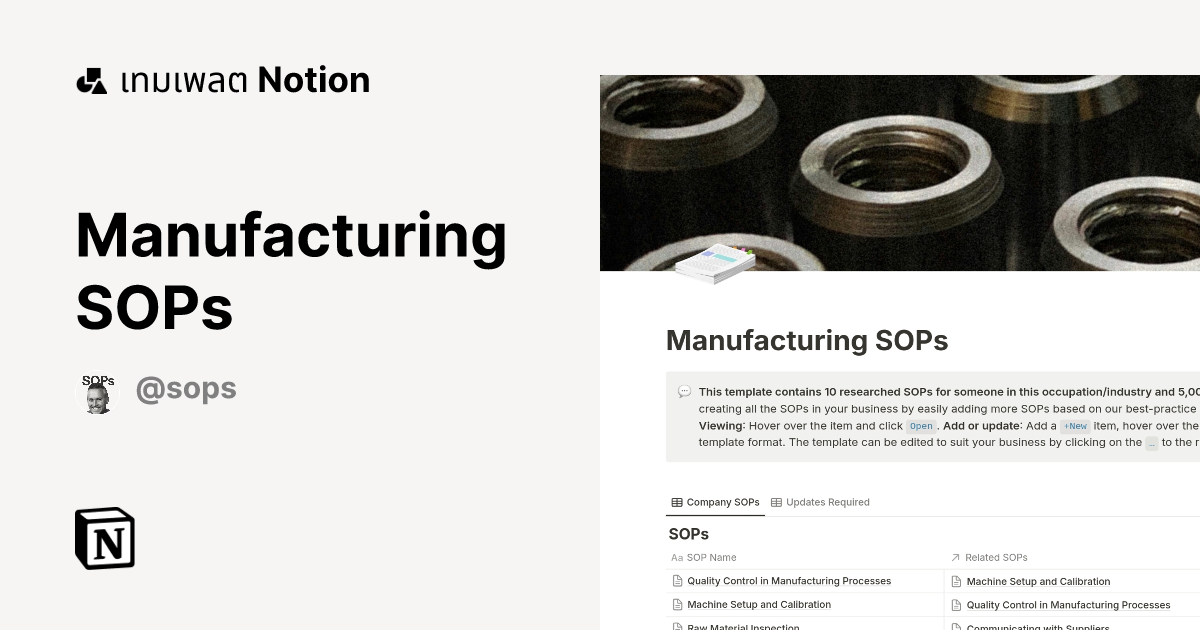 เทมเพลต Manufacturing SOPs โดย SOPs | มาร์เก็ตเพลส Notion