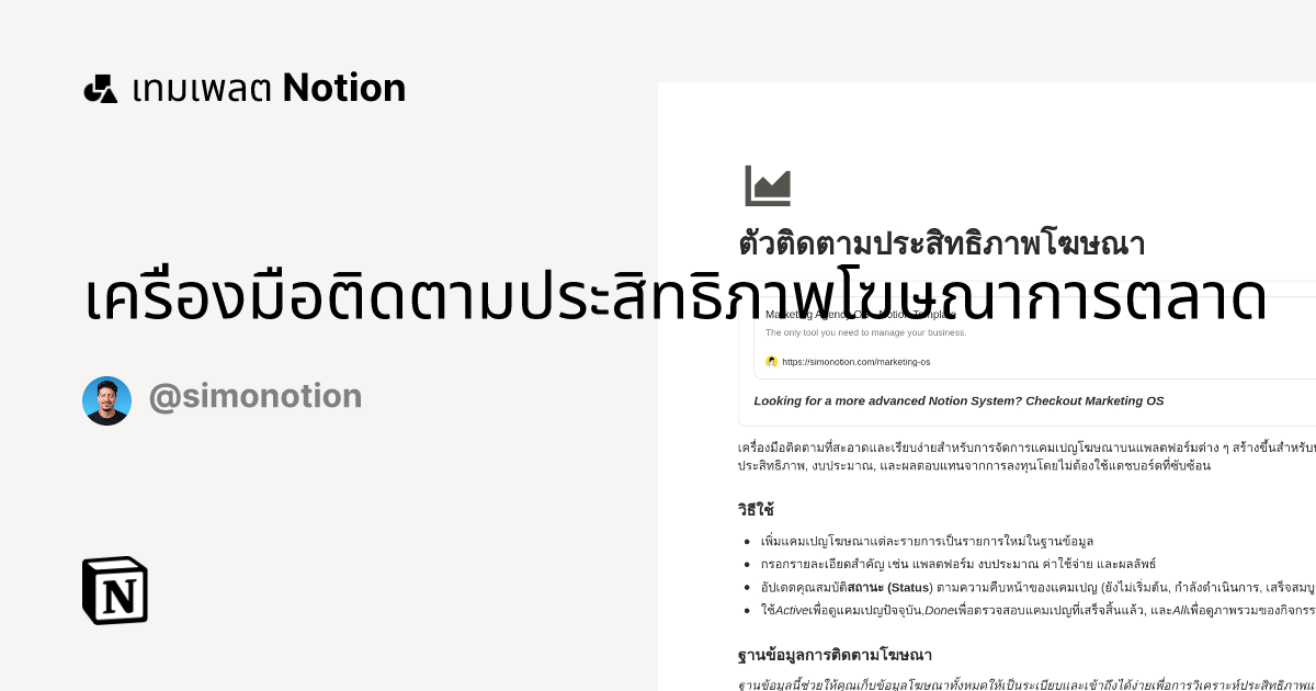 เทมเพลต Marketing Ads Performance Tracker โดย Simo | มาร์เก็ตเพลส Notion
