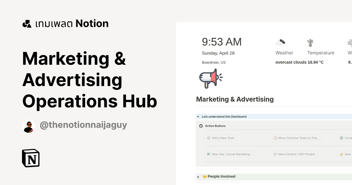 เทมเพลต Marketing & Advertising Operations Hub โดย The NotionNaija Guy | มาร์เก็ตเพลส Notion