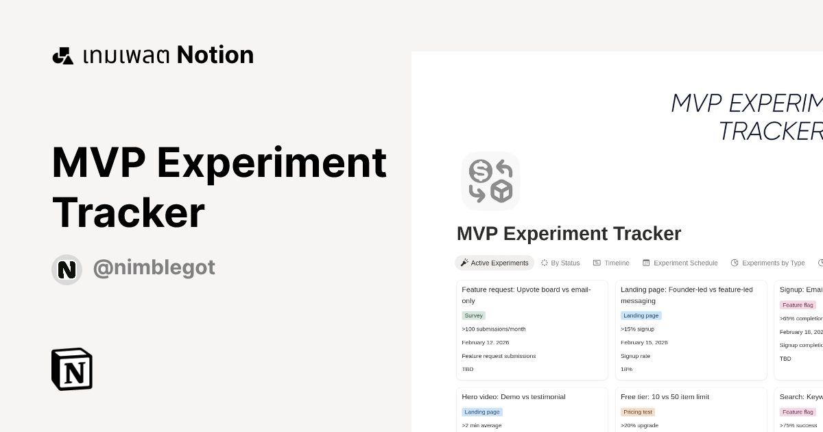 เทมเพลต MVP Experiment Tracker โดย NimbleGot | มาร์เก็ตเพลส Notion