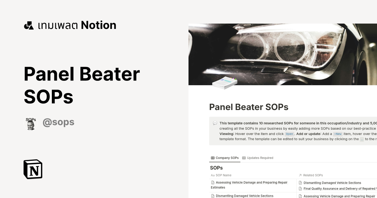เทมเพลต Panel Beater SOPs โดย SOPs | มาร์เก็ตเพลส Notion