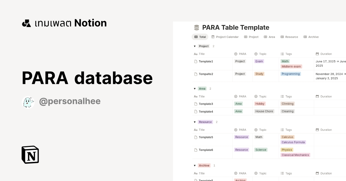 เทมเพลต PARA database โดย Personal Hee | มาร์เก็ตเพลส Notion
