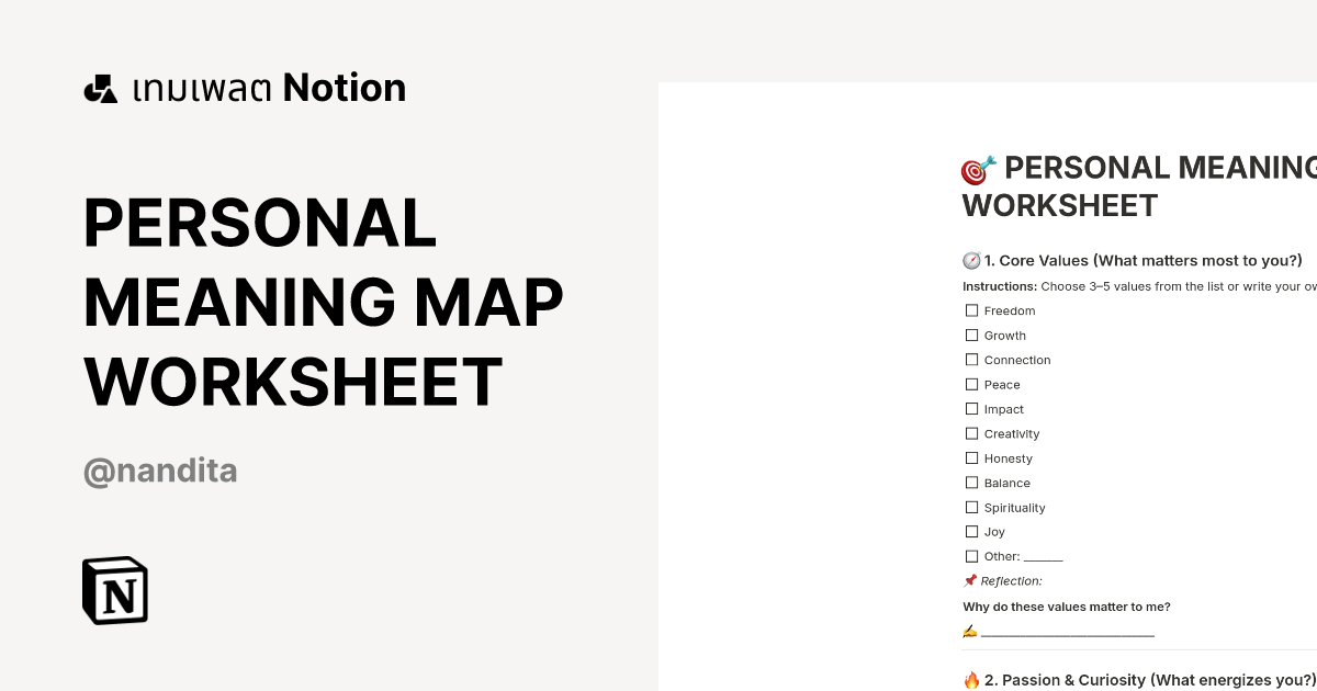 เทมเพลต PERSONAL MEANING MAP WORKSHEET โดย Nandita | มาร์เก็ตเพลส Notion