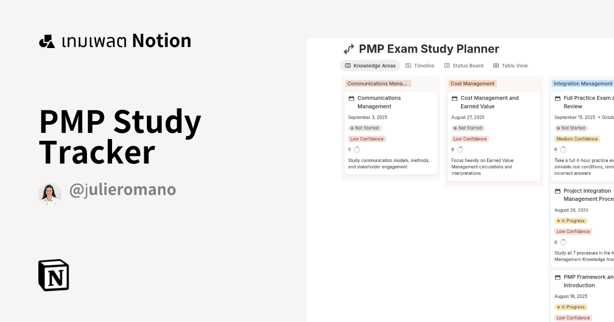 เทมเพลต PMP Study Tracker โดย Julie Romano | มาร์เก็ตเพลส Notion