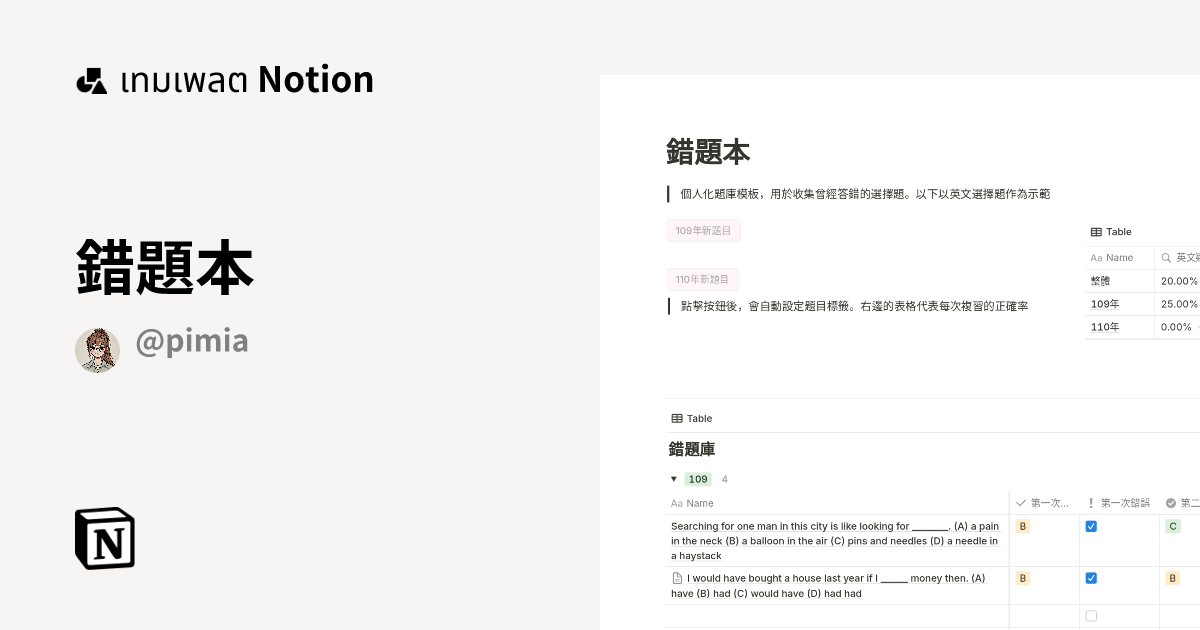 เทมเพลต 錯題本 โดย pimia | มาร์เก็ตเพลส Notion