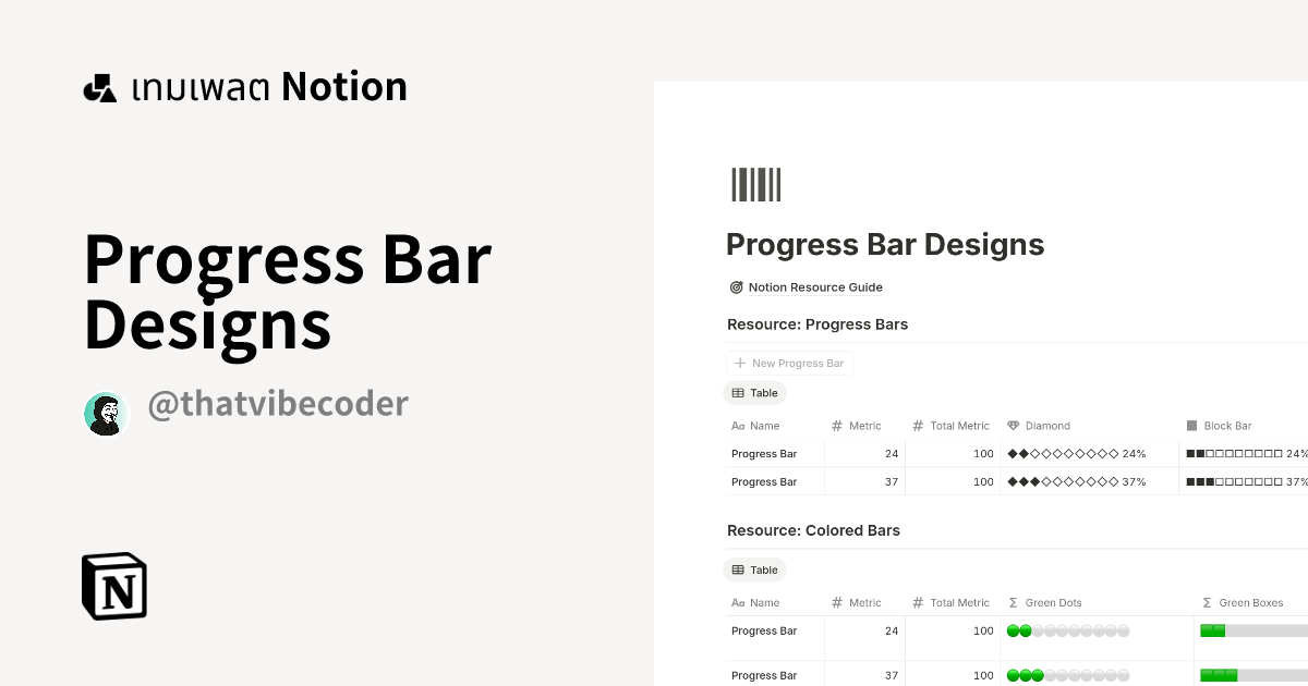 เทมเพลต Progress Bar Designs โดย That Vibe Coder | มาร์เก็ตเพลส Notion