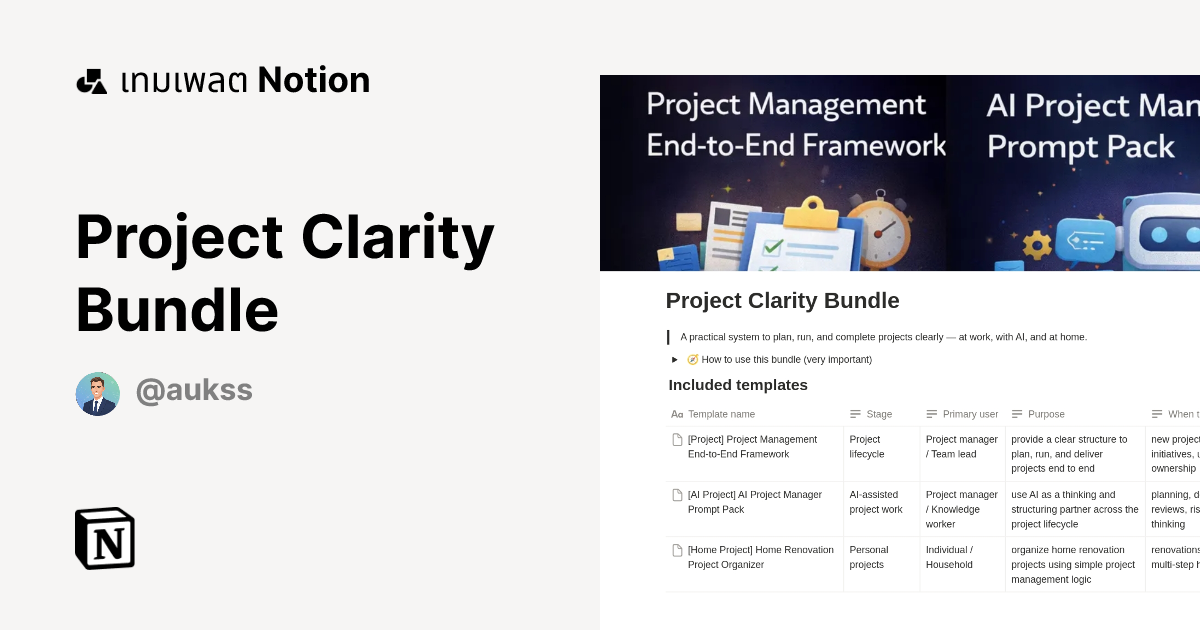 เทมเพลต Project Clarity Bundle | มาร์เก็ตเพลส Notion